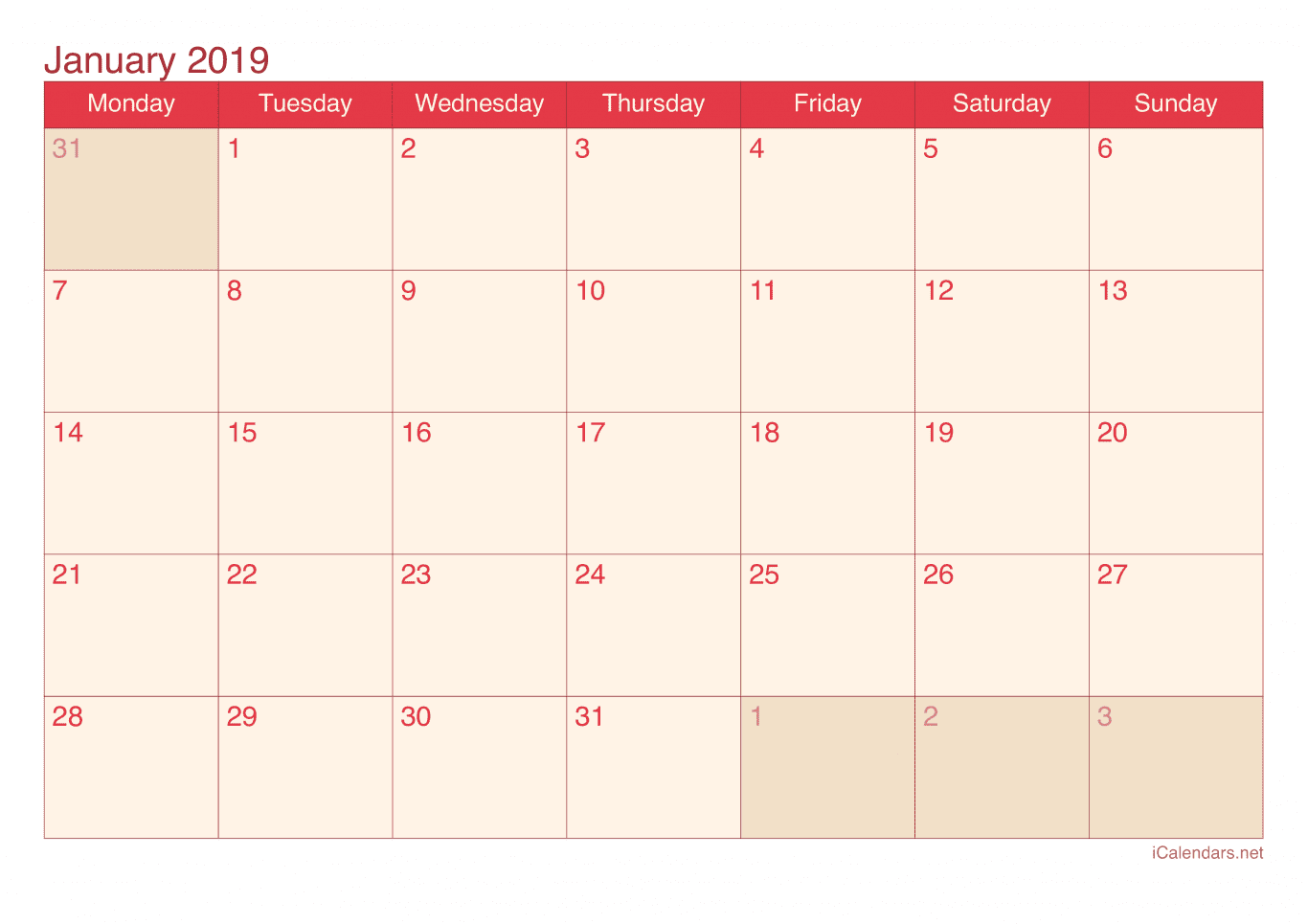 2019 Printable Calendar - PDF or Excel