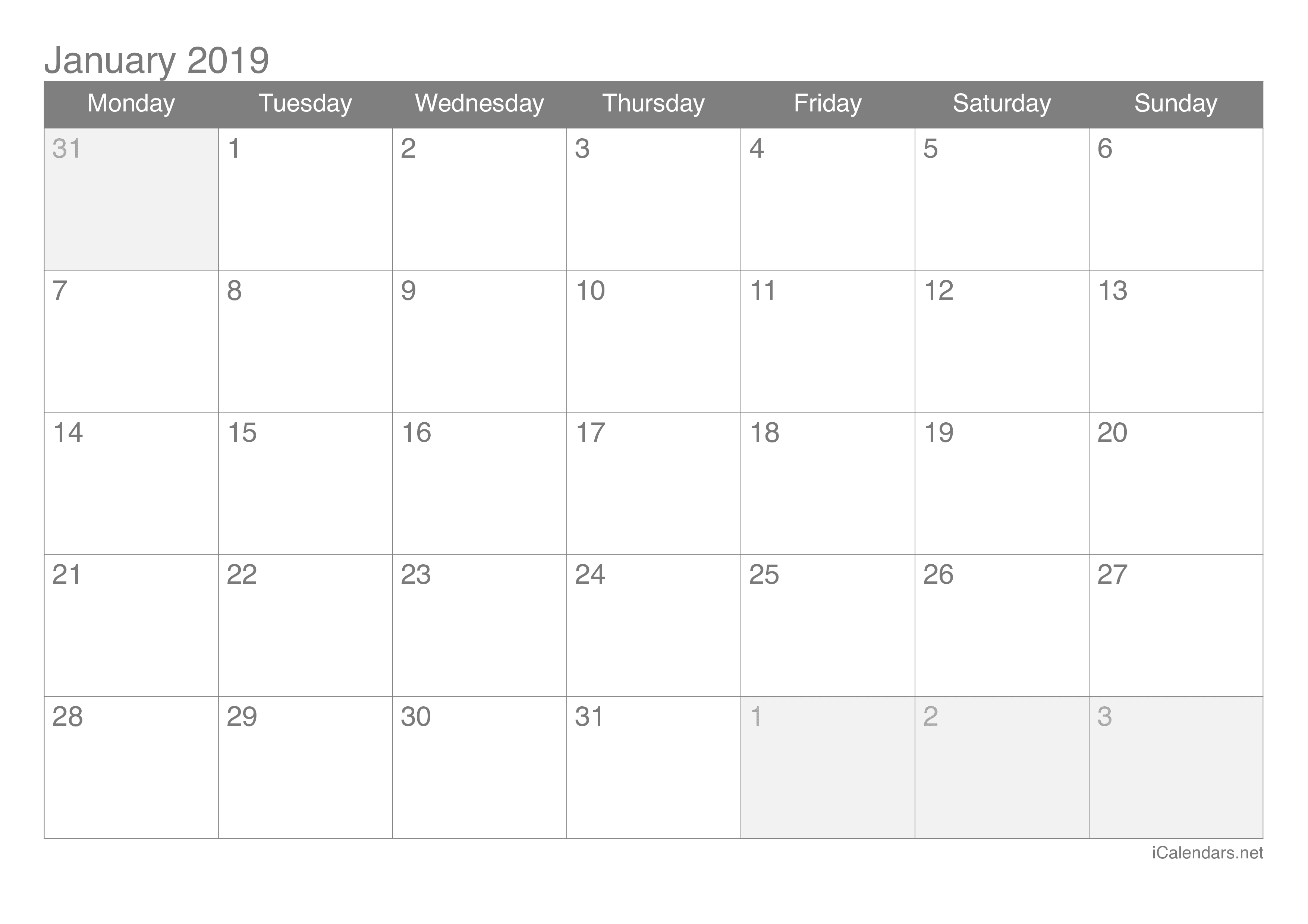 2019 Printable Calendar - PDF or Excel