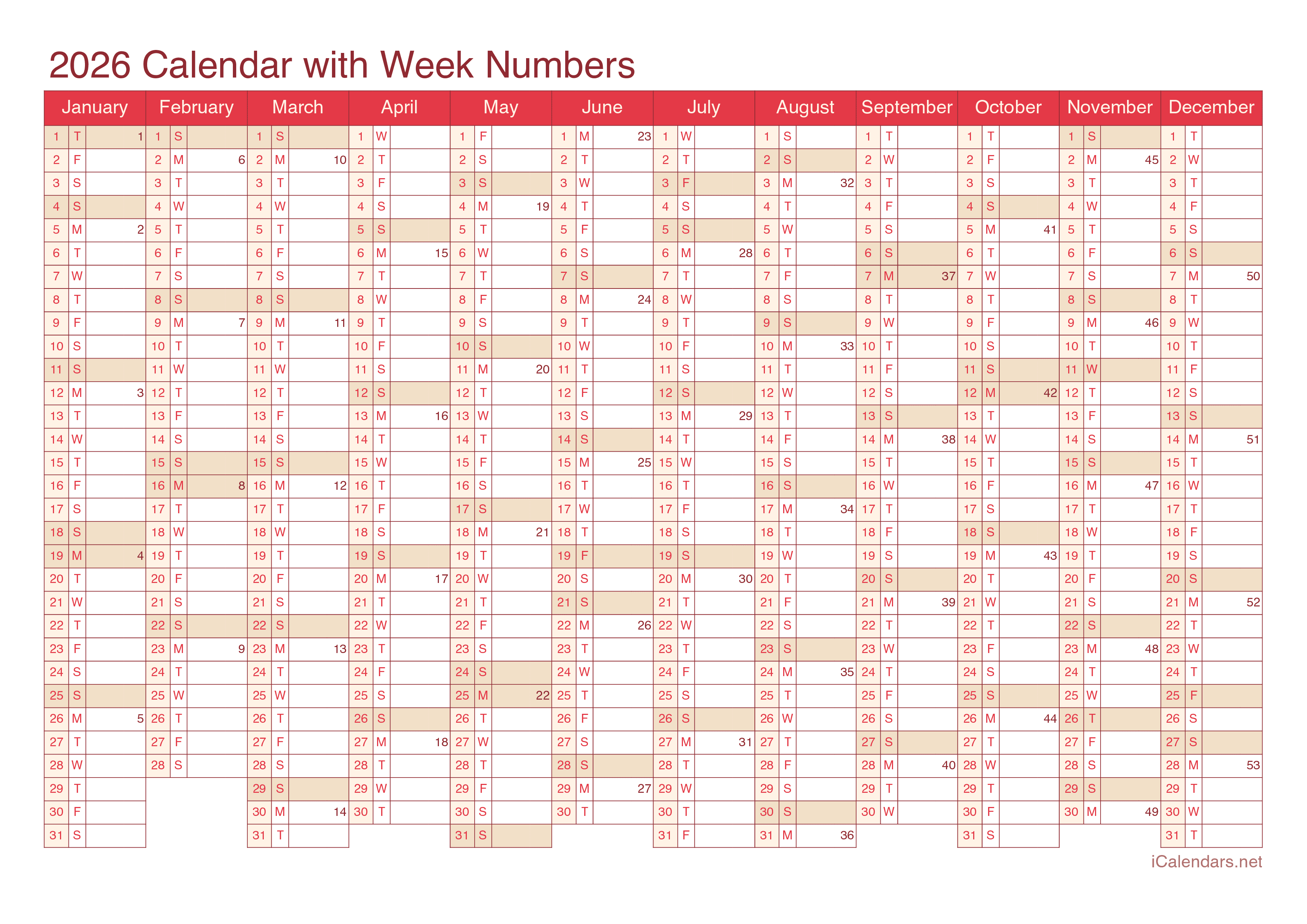 2026 Week Numbers Calendar Printable 2026 Week Numbers Calendar Printable