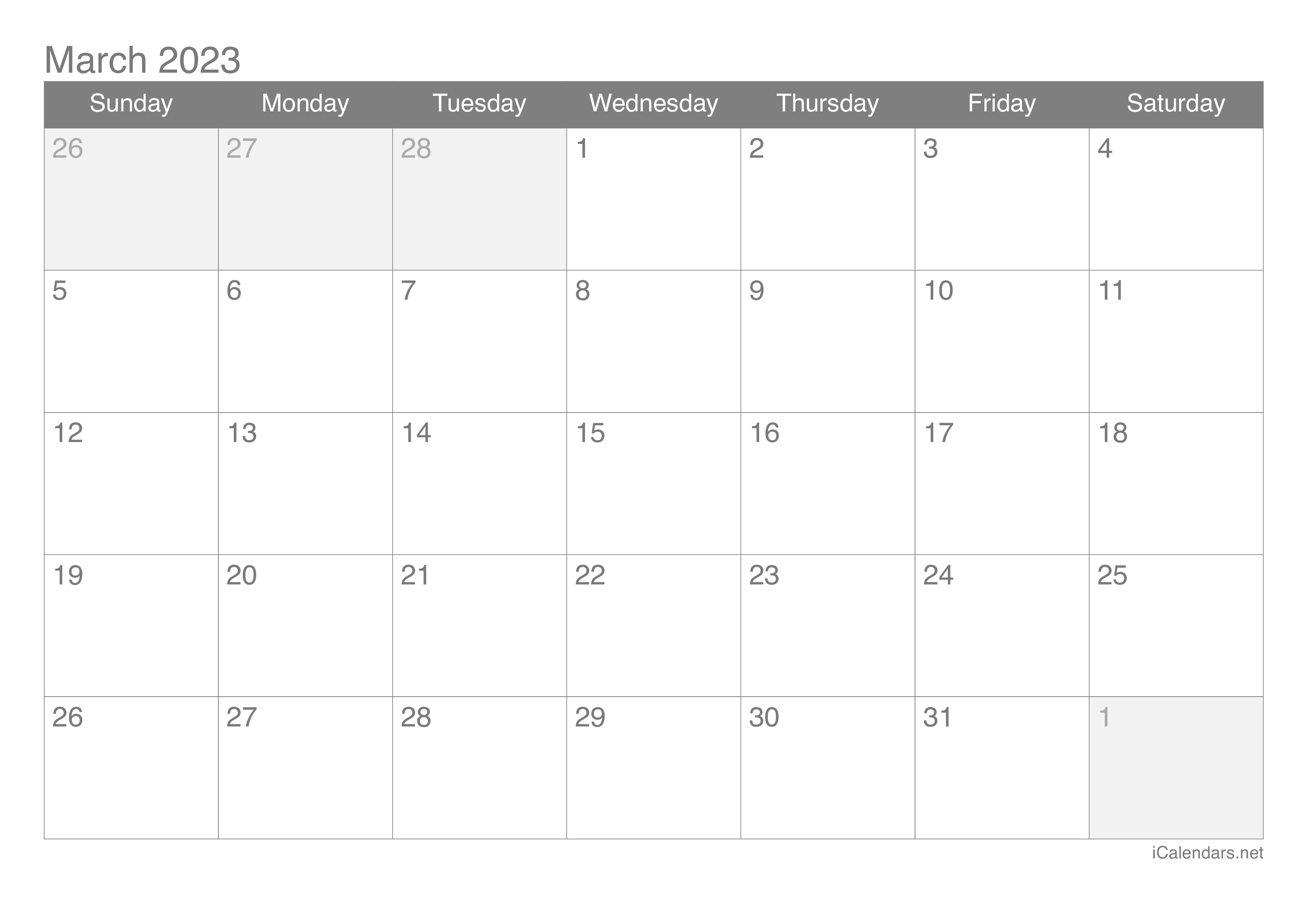 March 2023 Printable Calendar Icalendars